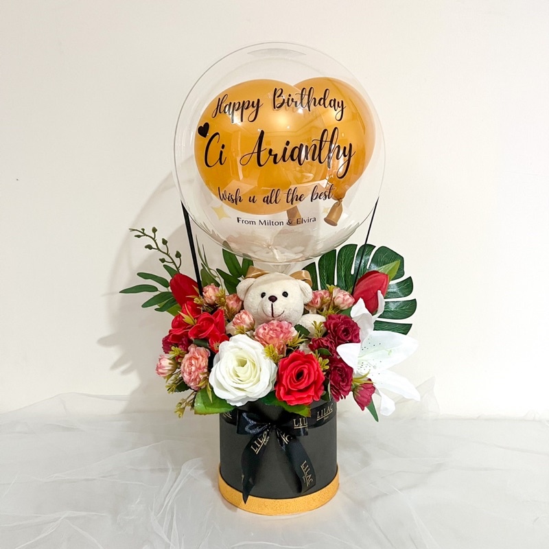 Jual Lucre Artificial Flower Box with Balloon and Velboa Doll | Buket ...