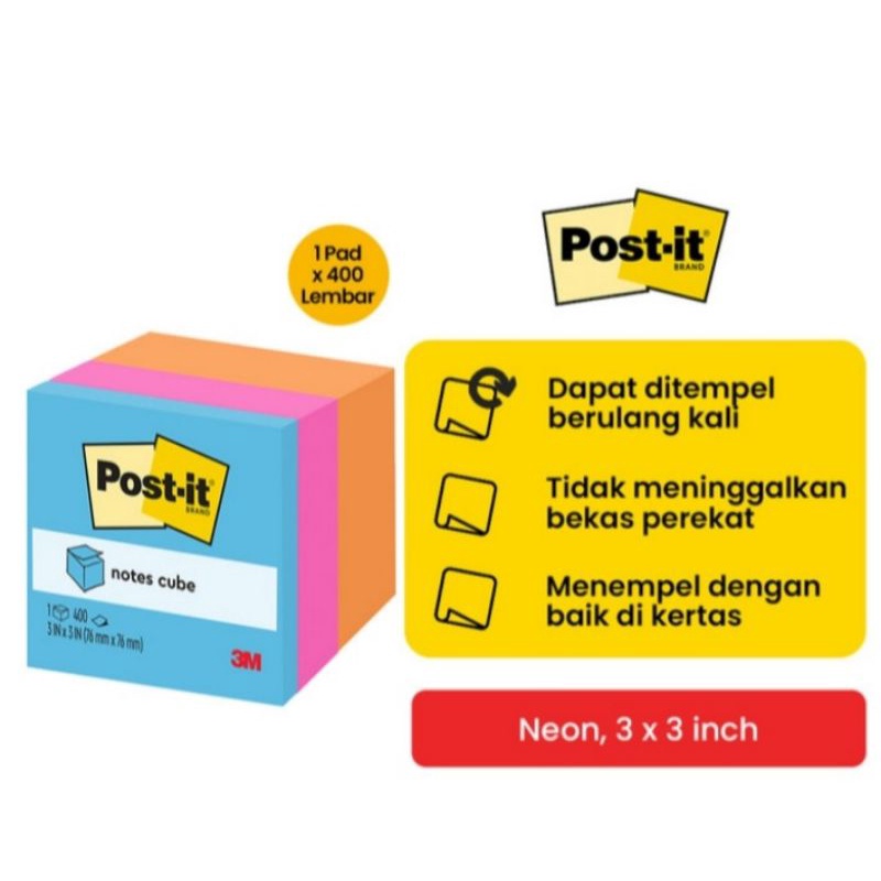 Jual 3M post it sticky note cube neon colour collection 2053-ELT-O 3"X3 ...