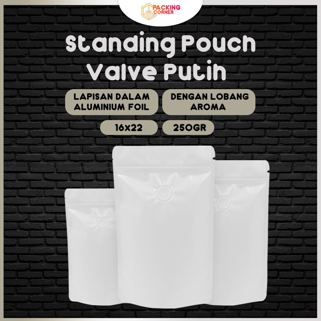 Jual Standing Pouch VALVE 16X22 250gr PUTIH Pouch Klip Kemasan Kopi ...