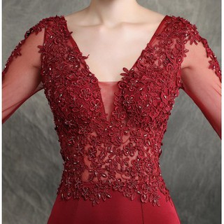 Jual Gaun malam mewah mermaid evening dress gaun pesta merah wine V ...