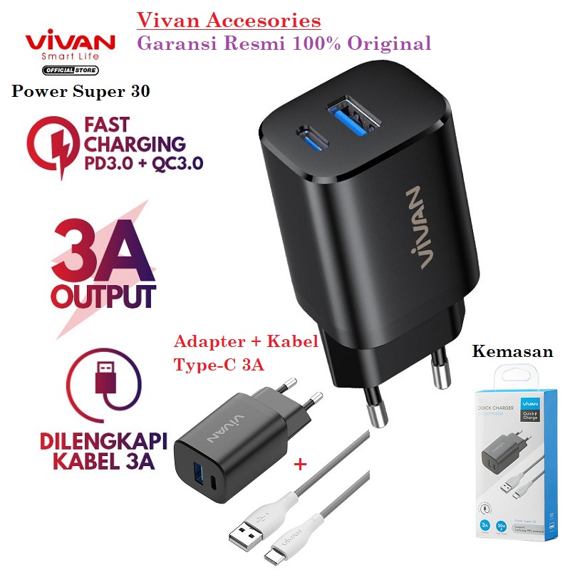 Jual Vivan Power Super 30 3A Dual Port QC3.0 + PD3.0 With Cable Type-C ...