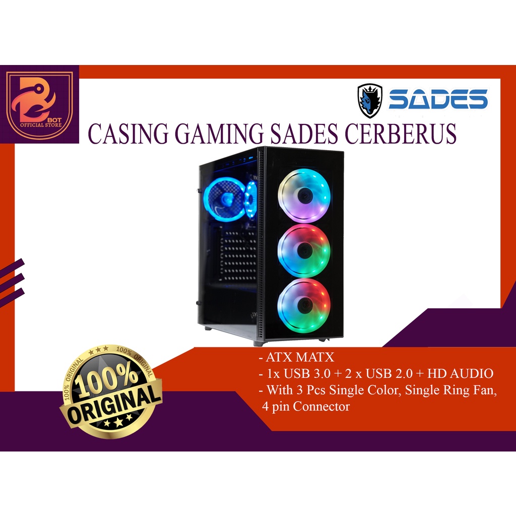 Jual Sades Cerberus PC Case Casing Komputer Original + 3 FAN RGB ...