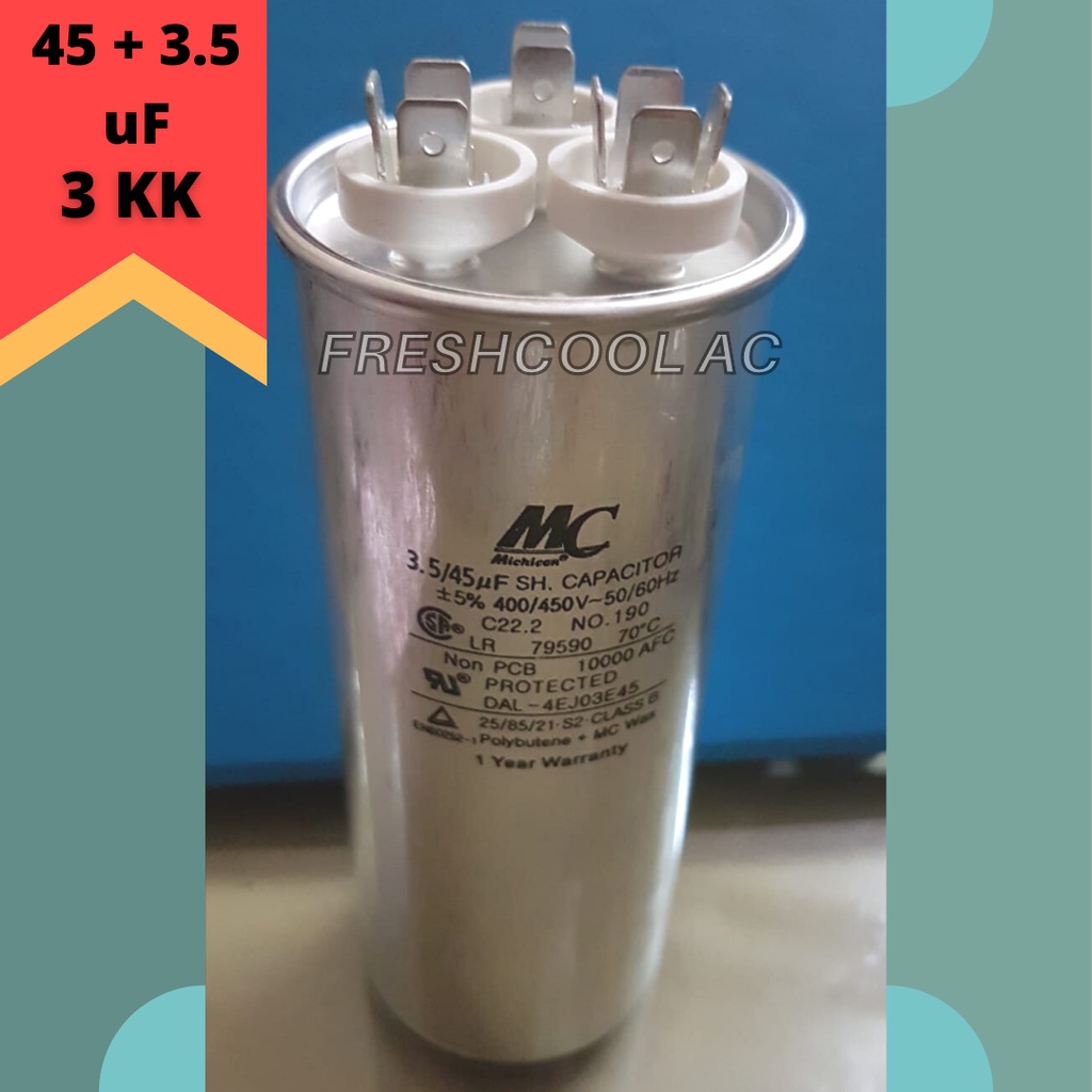 Jual KAPASITOR AC / CAPACITOR AC ( MERK MC) 3.5/45 uF 45/3,5 MIKRO 3 KAKI | Shopee Indonesia