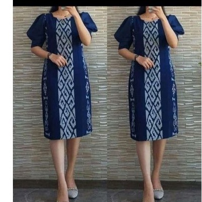 Jual Dress Tenun Ikat Navy Lengan Kombinasi DRS618 | Shopee Indonesia