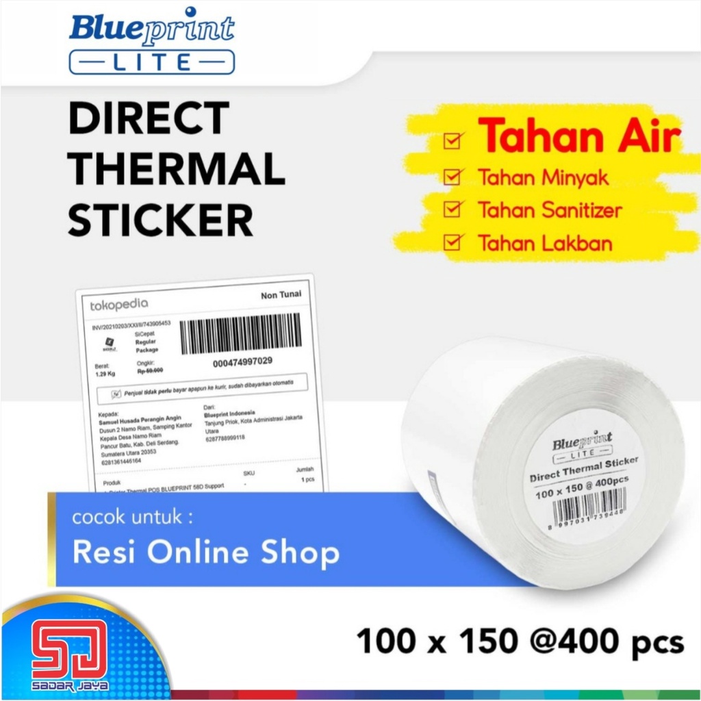 Jual Blueprint Lite Direct Thermal Sticker Label A6 100 x 150 mm isi 400 Stiker Olshop Barcode ...