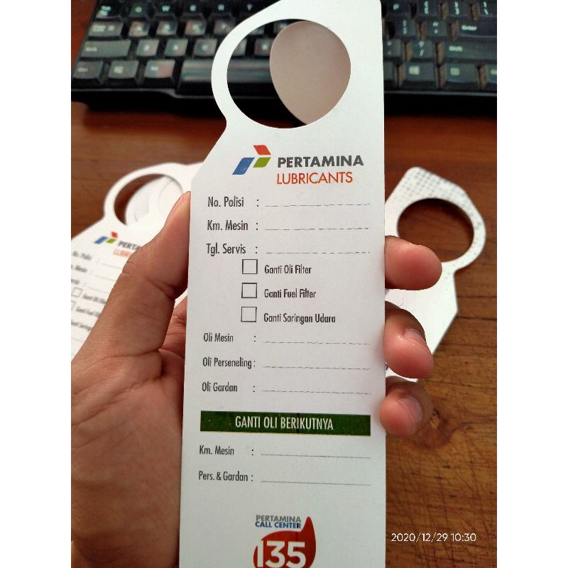 Jual Kertas Label Kartu Gantungan Ganti Oli Pertamina Pengingat Reminder Penggantian Oil Mobil ...