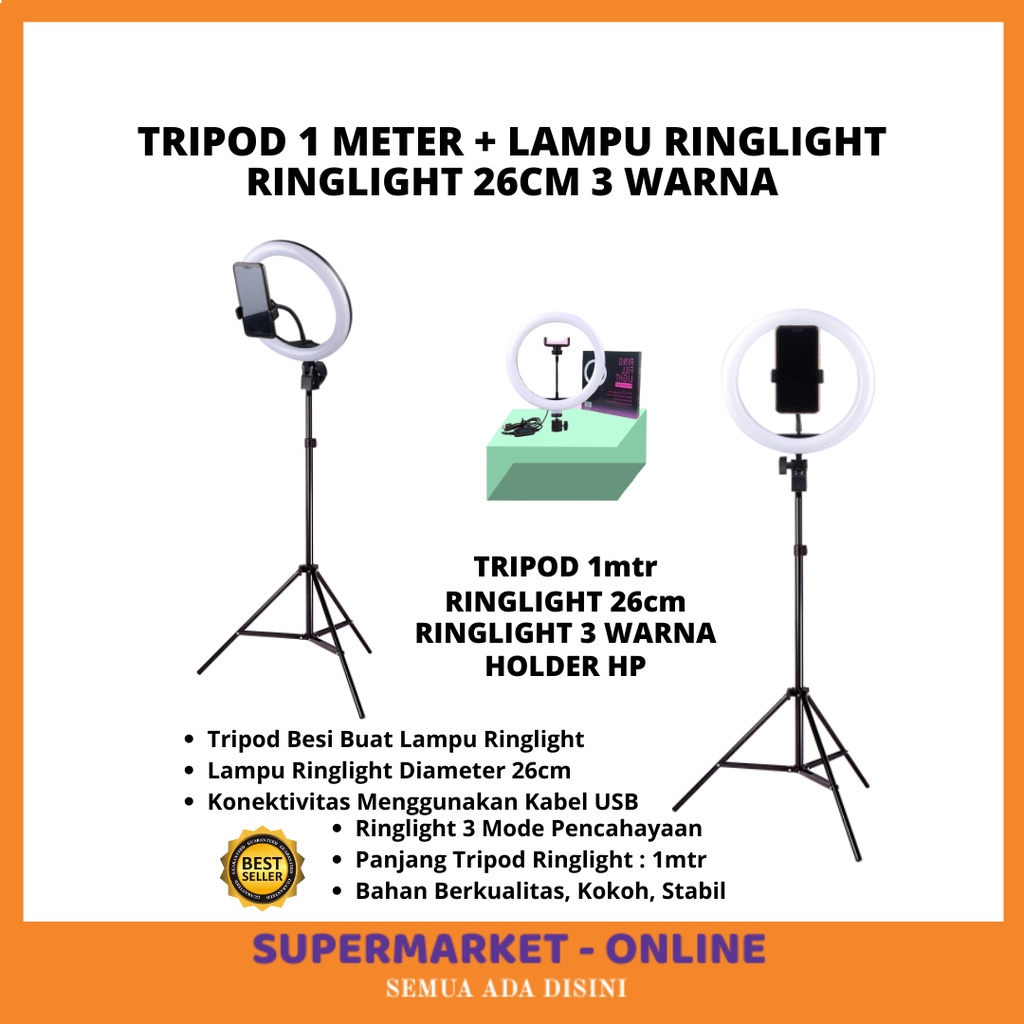 Jual HARGA PROMO Tripod Handphone HP 1 mtr + Lampu Ringlight 26cm 3 ...