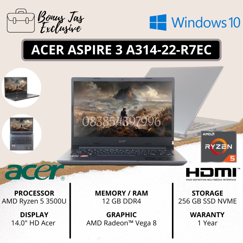 Jual Laptop Acer AMD RYZEN 5 3500 / 12GB RAM DDR4 / SSD 256GB NVME ...