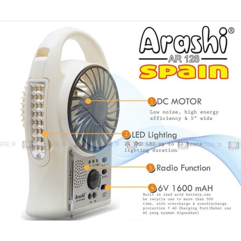 Jual Kipas Emergency 5 Inchi Arashi Spain AR 128 24 SMD LED Radio ...
