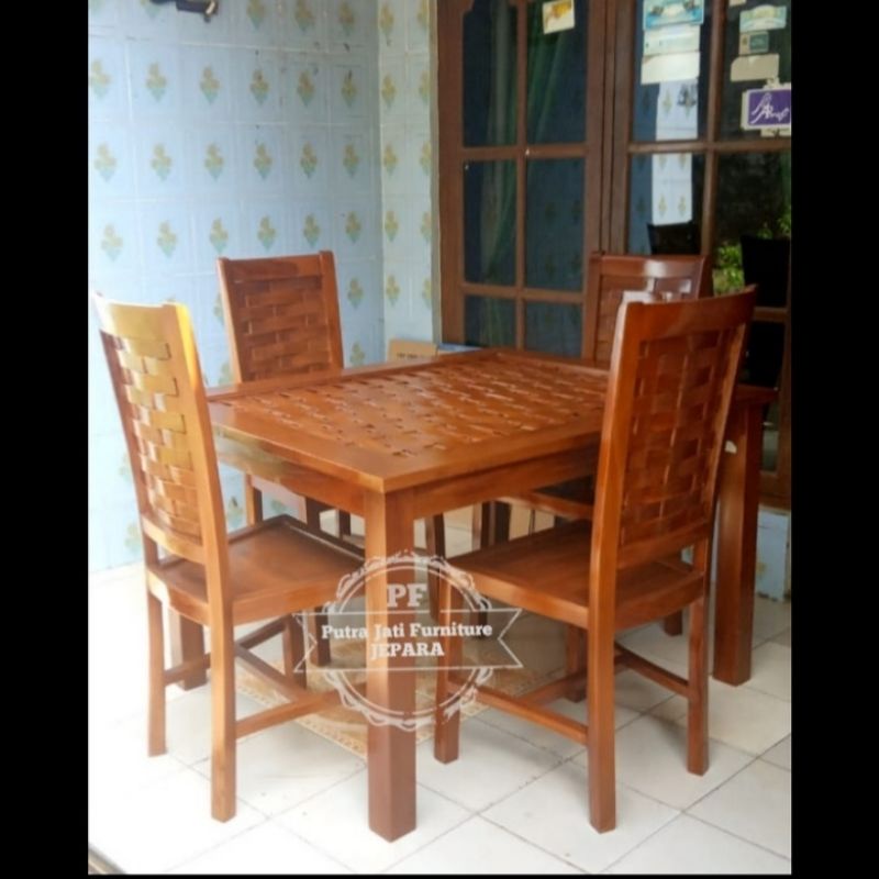 Jual Meja makan kayu jati kursi 4 motif anyaman mebel murah | Shopee ...