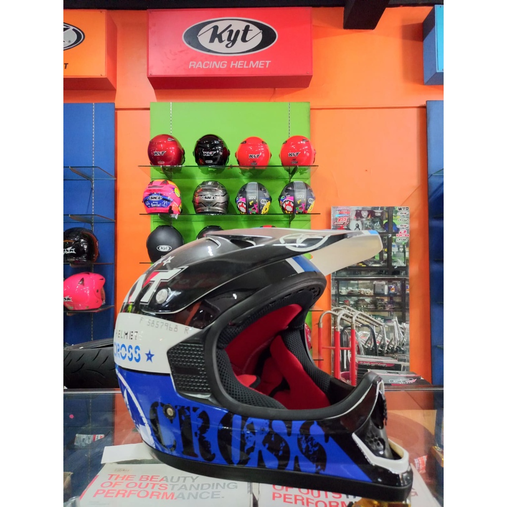 Jual HELM CROSS TRAIL KYT P10 HITAM PUTIH BIRU | Shopee Indonesia