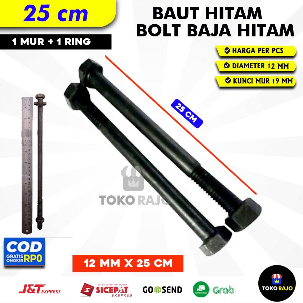 Jual BAUT MUR HITAM BAJA PANJANG 12 MM 25 CM 30 CM BAUT BAJA HITAM 1/2 ...