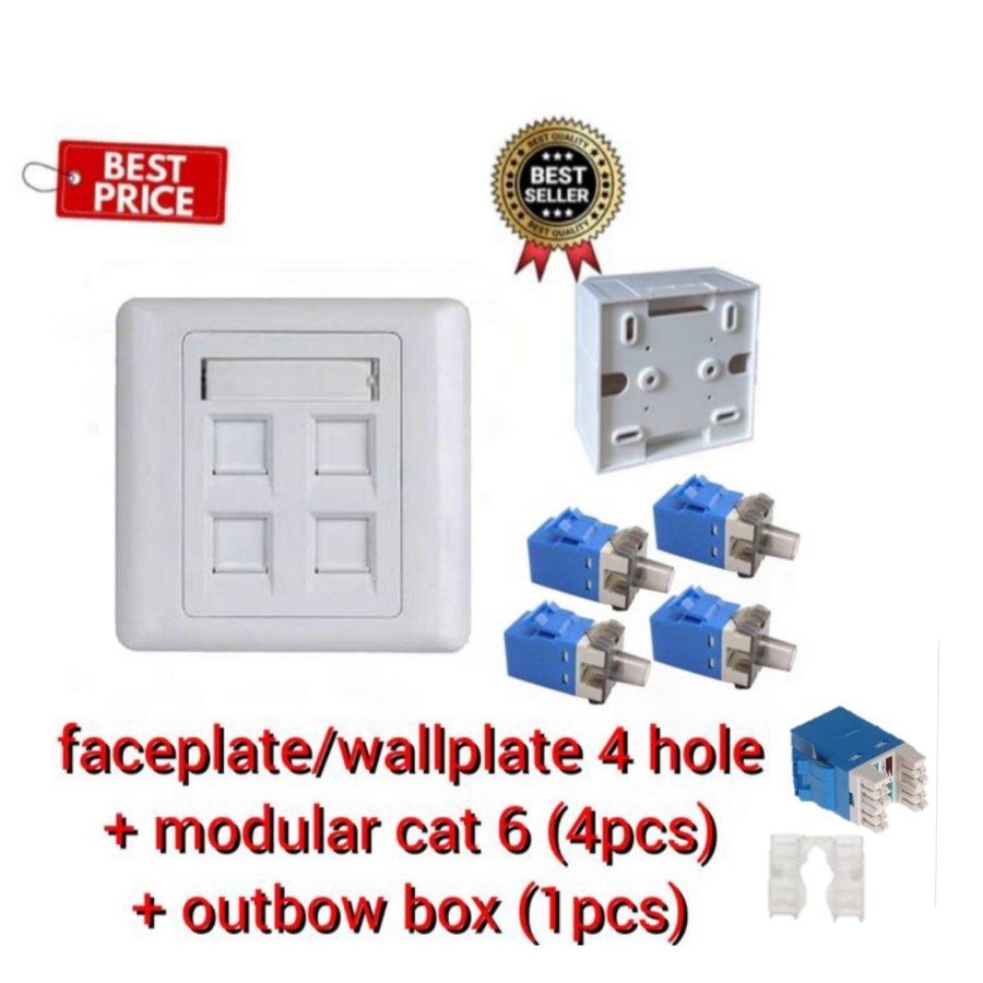Jual faceplate/wallplate UTP/RJ45/LAN 4 port/hole+modular cat6+outbow ...