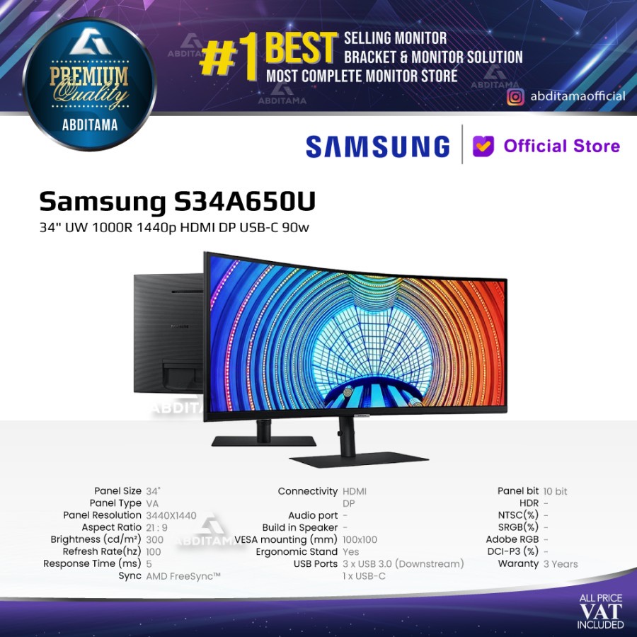 Jual Monitor LED Samsung S34A650U 34" UW 1000R 1440p HDMI DP USB-C 90w ...