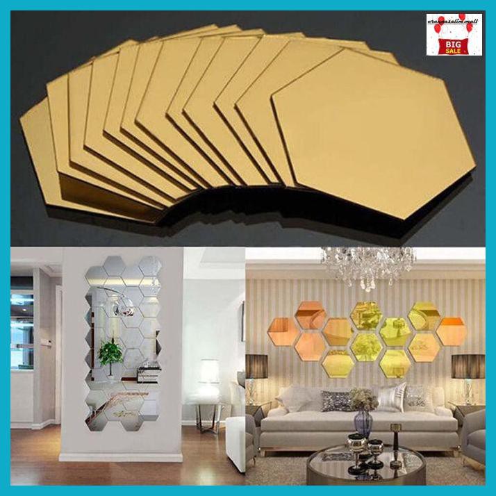 Jual DINDINGSTIKER- 12 PCS BESAR CERMIN KACA HEXAGONAL MIRROR DEKORASI ...