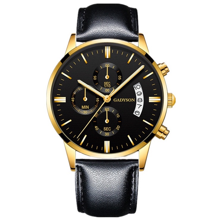 Jual JAM TANGAN PRIA KULIT CHRONO HITAM GOLD MURAH ANALOG COD GALVIN ...