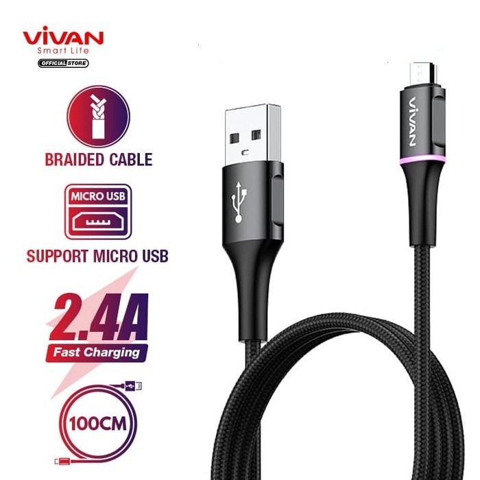 Jual Kabel Data Micro Vivan 2.4A LED Light Quick Charge 100CM VDM100 ...