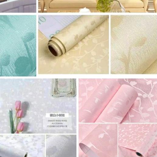 Jual Wallpaper Dinding Sticker Dinding Biru Muda | Krem | Putih | Ungu | Bertekstur Salur Daun ...