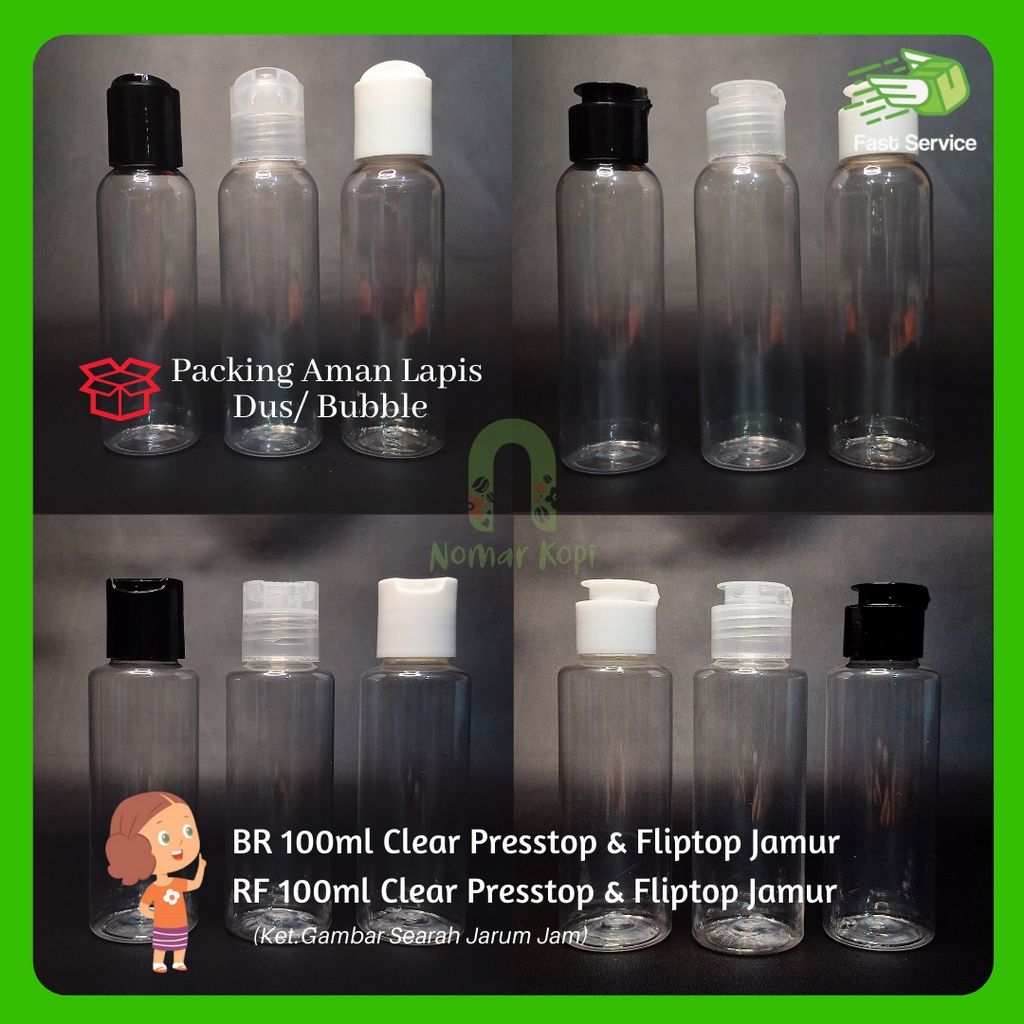 Jual BOTOL CLEAR 100ML BR FLIPTOP JAMUR PET TEBAL LOTION KOSMETIK OIL Neck 24 | Shopee Indonesia