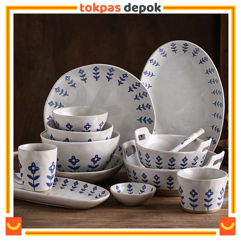 Jual Peralatan Makan Keramik Motif Bunga / Piring Gelas Mangkok Keramik ...