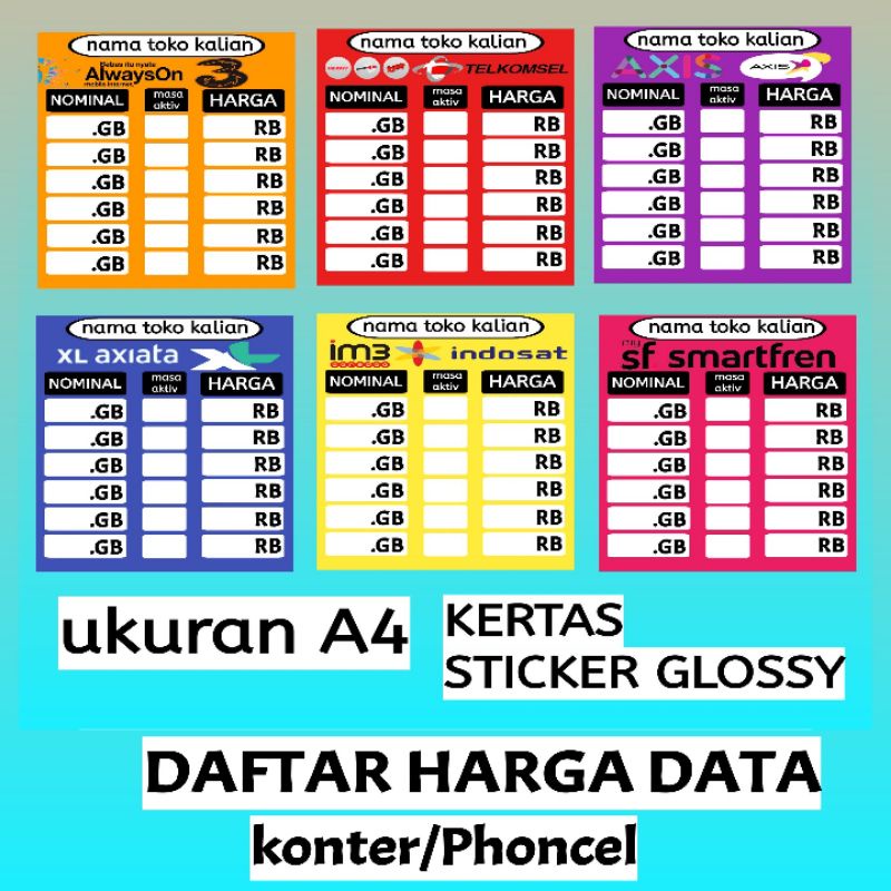 Jual STICKER DAFTAR HARGA PAKET DATA DAN VOUCHER KONTER DAN PHONCEL ...