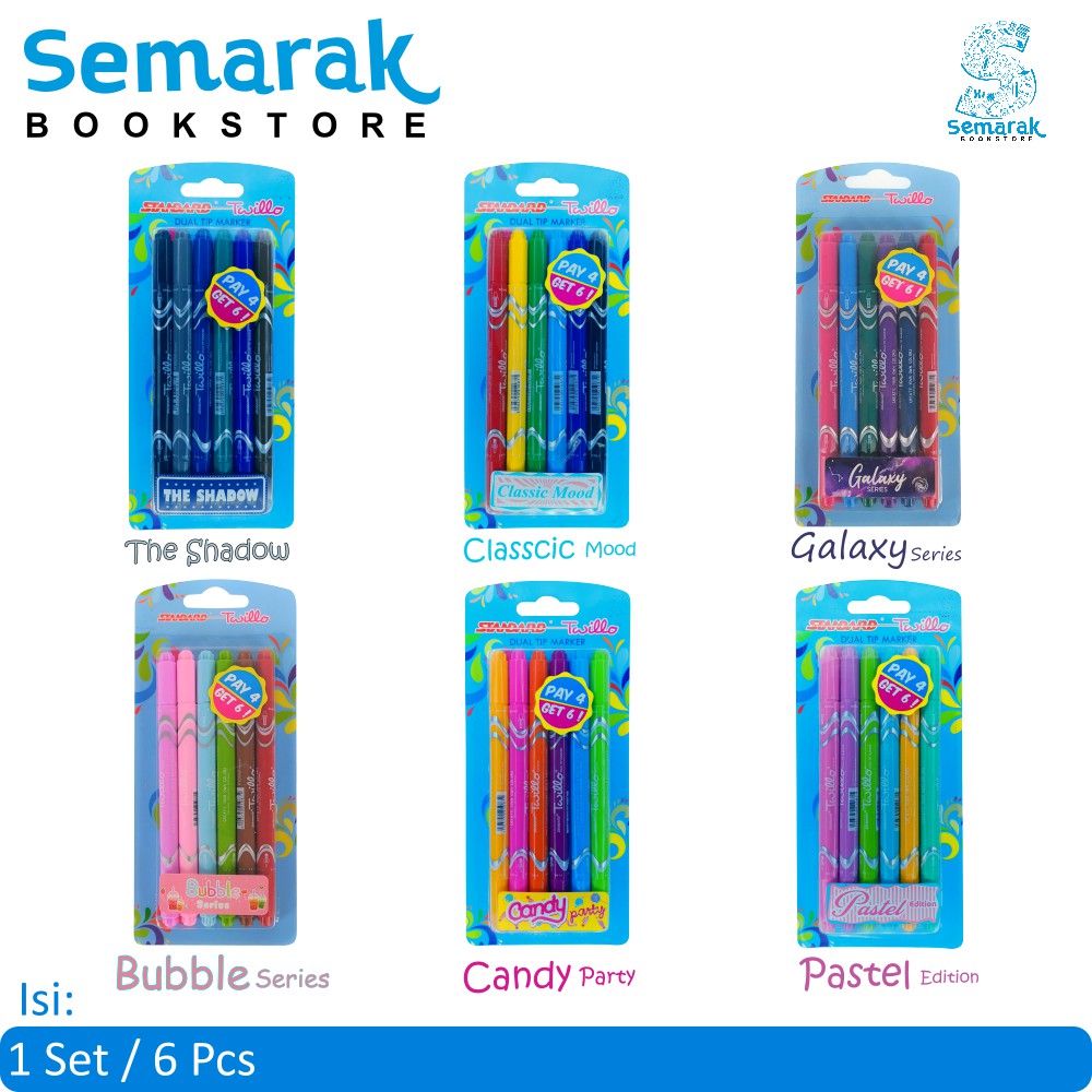Jual Pulpen dan Spidol Warna Standard Twillo Dual Tip - [1 Set / 6 Pcs] | Shopee Indonesia