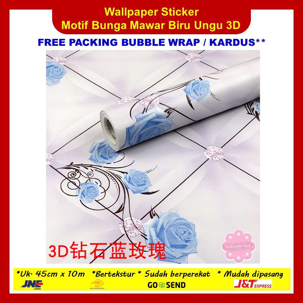 Jual Wallpaper Sticker Dinding Bunga Mawar Biru Ungu 3D Walpaper Stiker ...