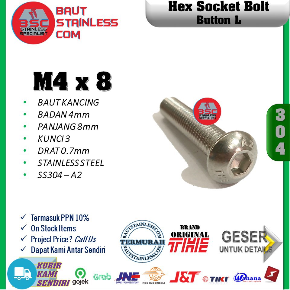 Jual BAUT KANCING M4X8 - BUTTON L SOCKET CAP SCREW SS304 A2 ISI 10 PCS ...