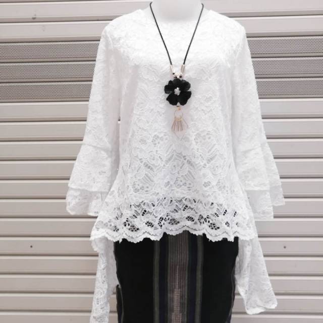 Jual blus brokat timbul asimetris lengan terompet | Shopee Indonesia