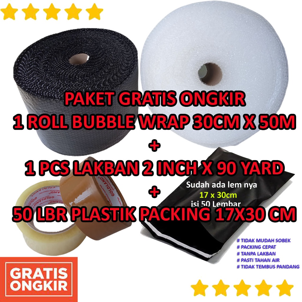 Jual 1 roll bubble wrap 50M x 30cm + Lakban 2 inch x 90 Yard + 50 Pcs Plastik Packing dengan Lem ...