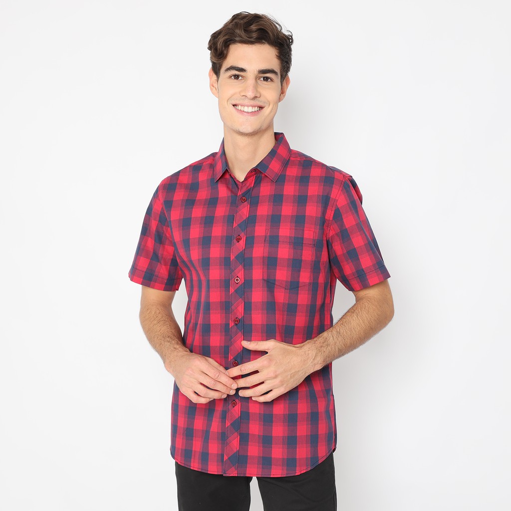 Jual Platini Kemeja Katun Pria Motif Kotak Lengan Pendek Merah 73230 ...
