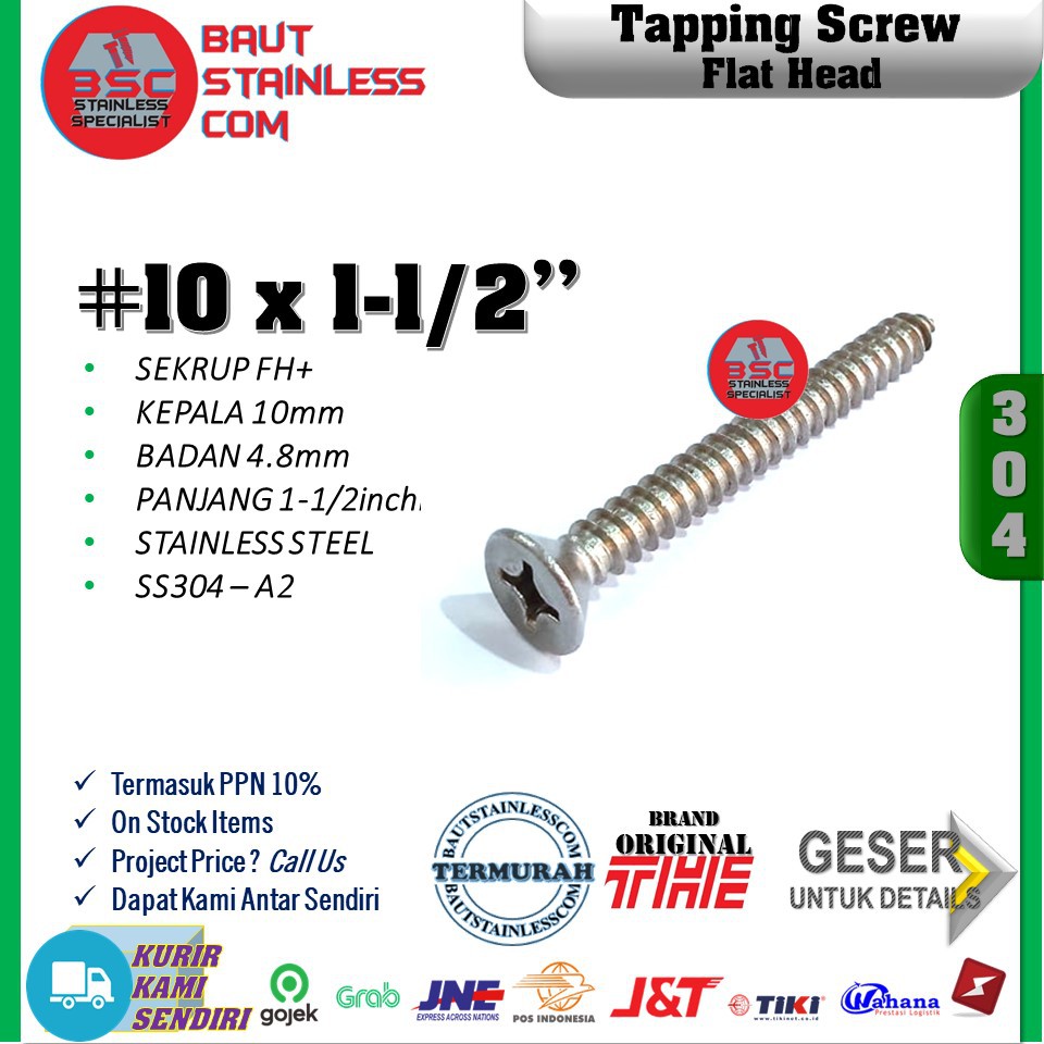 Jual TAPING SCREW SEKRUP FAB OBENG+ FLATHEAD FH+ STAINLESS SS304 #10X1 ...