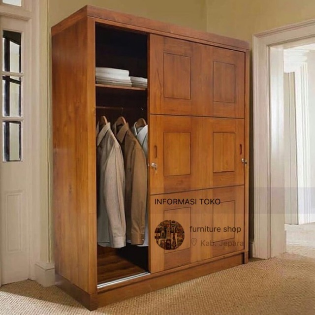 Jual Lemari pakaian pintu sliding kayu jati pintu 3 full kayu | Shopee Indonesia