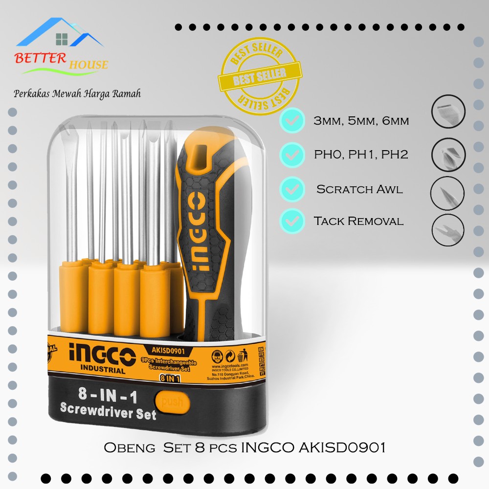 Jual Obeng Set 8-in-1 Interchangeable Screwdriver Set Ingco AKISD0901 ...