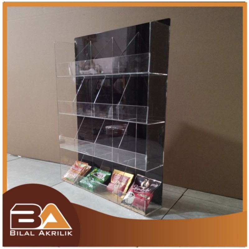 Jual acrylik rak kopi. sachet./ rak siap seduh. background hitam+bening ...