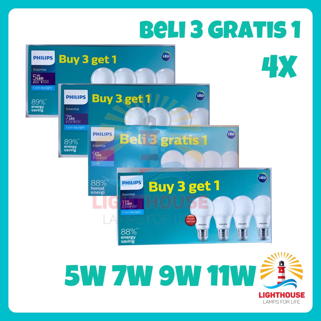 Jual Philips Multipack Essential LEDBulb 5W 7W 9W 11W Putih E27 6500K ...