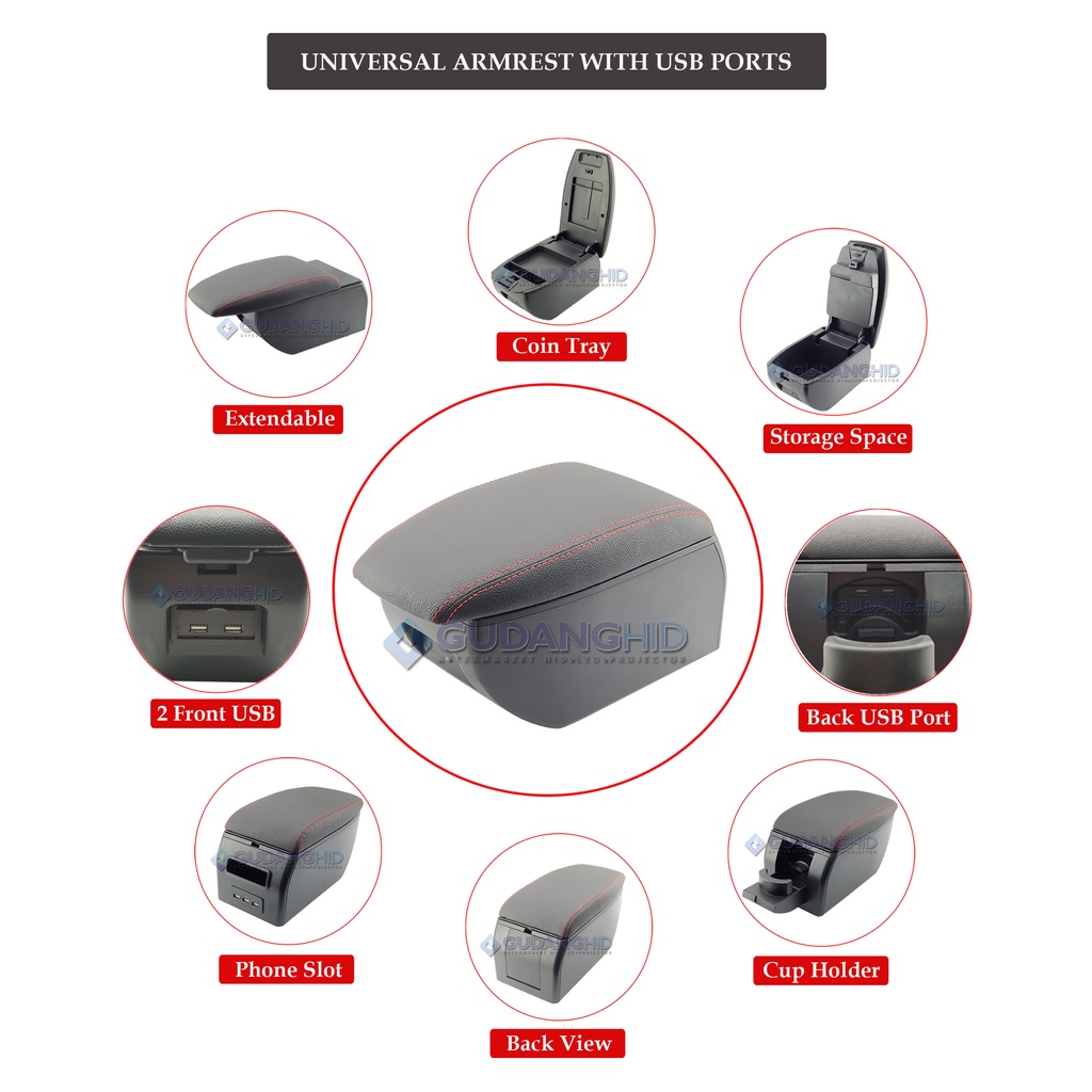 Jual Armrest Mobil Universal Center Console Box 5 USB Port Charger ...