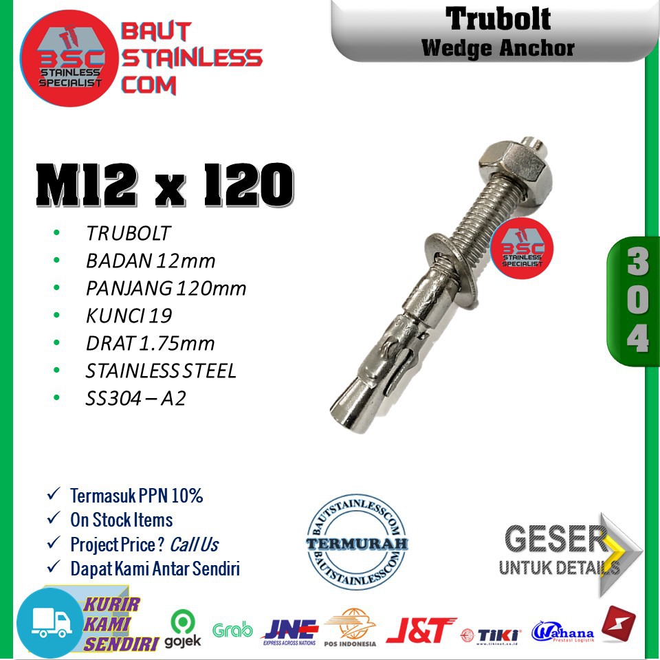 Jual TRUBOLT SS304 - WEDGE ANCHOR STAINLESS 30 - A2 M12X120 | Shopee ...
