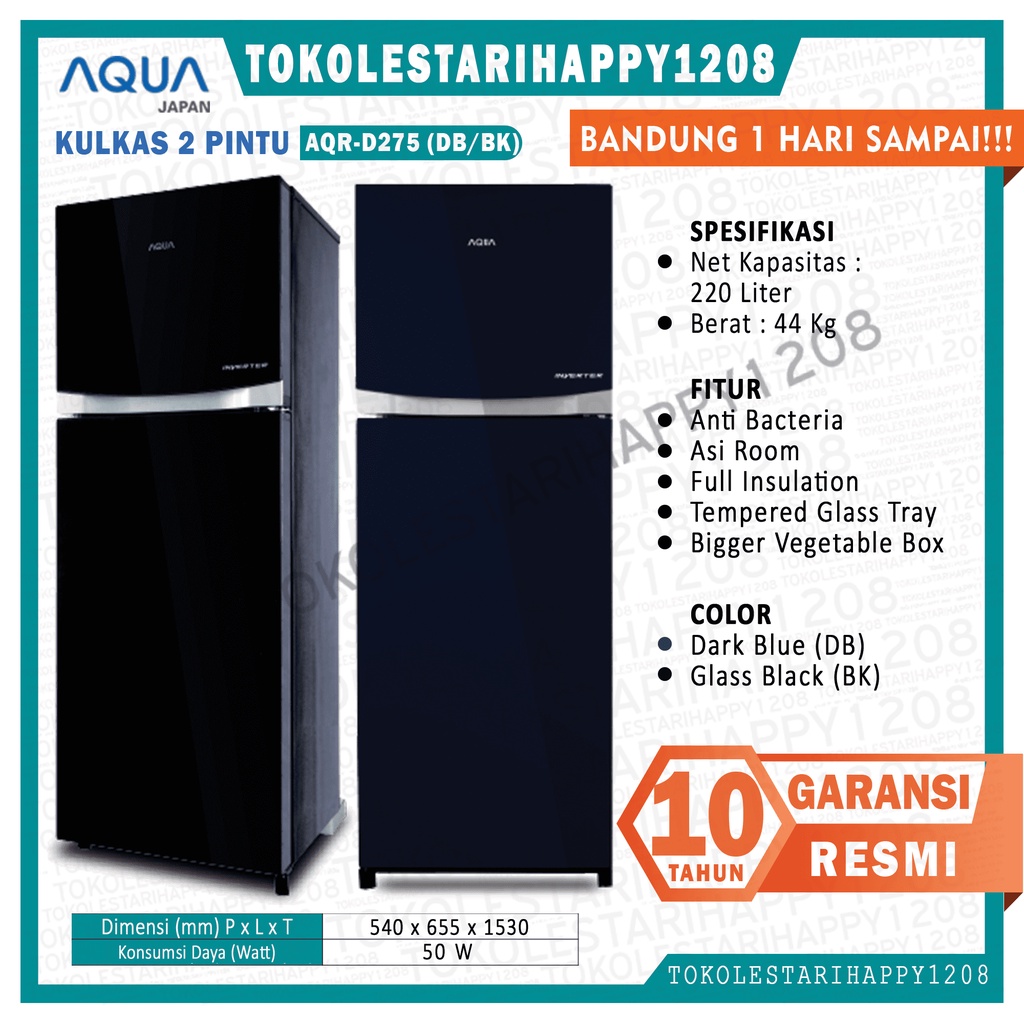 Jual KULKAS 2 PINTU AQUA lemari es inverter AQR-D275R LUAR BANDUNG ...