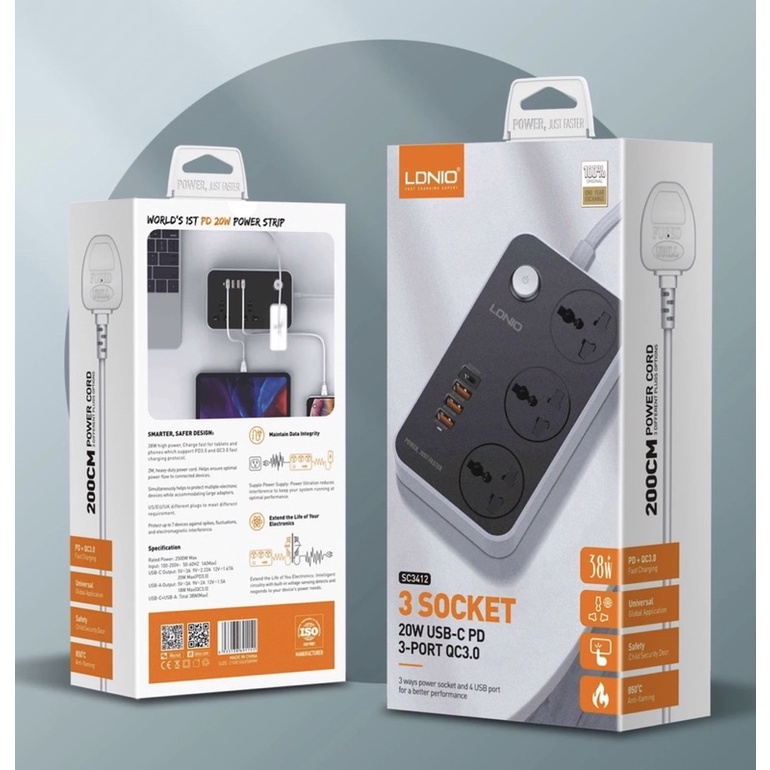 Jual LDNIO SC3412 Stop Kontak 3 Socket 3 USB 1 PD Fast Charging Extension Power Strip Socket ...
