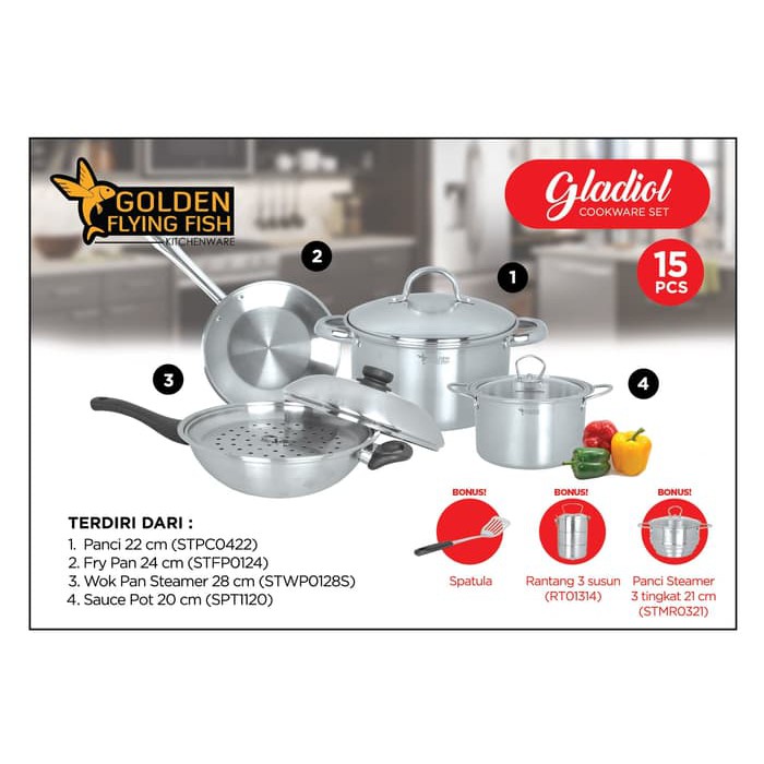 Jual Panci Set Stainless Gladiol Golden Flying Fish M1940 | Shopee ...