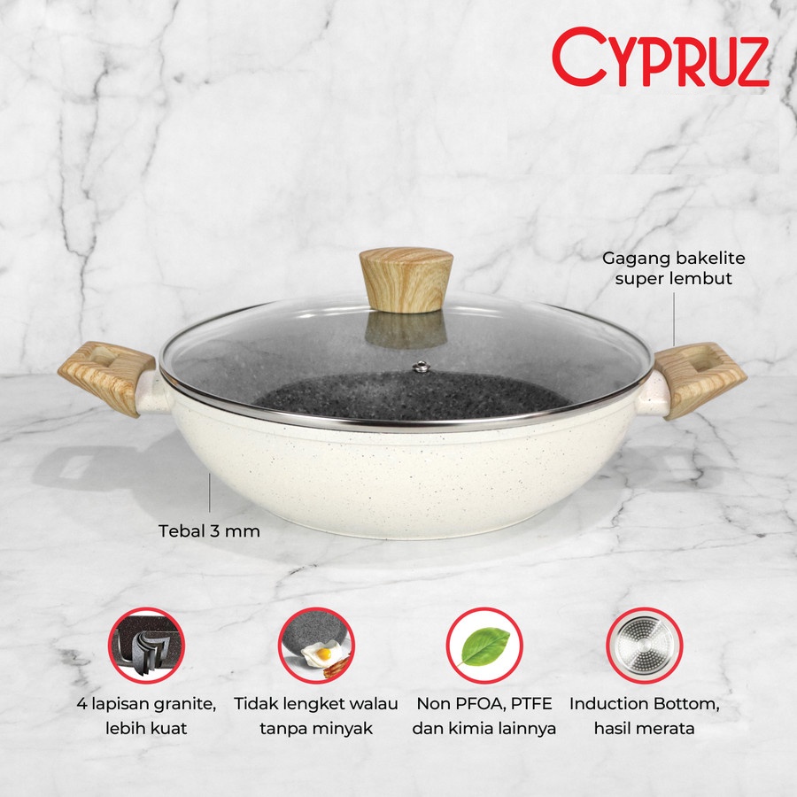 Jual CYPRUZ KI-0804 Kuali + Tutup 28 cm White Granite Marble Wok Pan ...