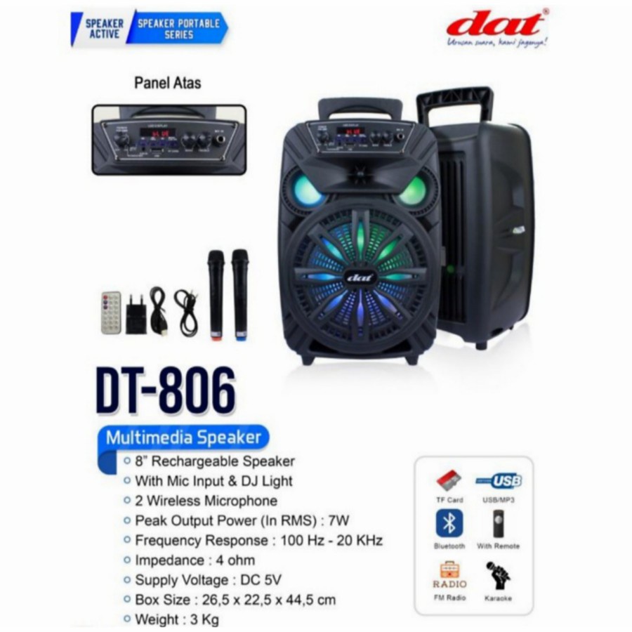 Jual Speaker Bluetooth Portable 8 Inch DAT DT 806 Free 2 Mic Wireless ...