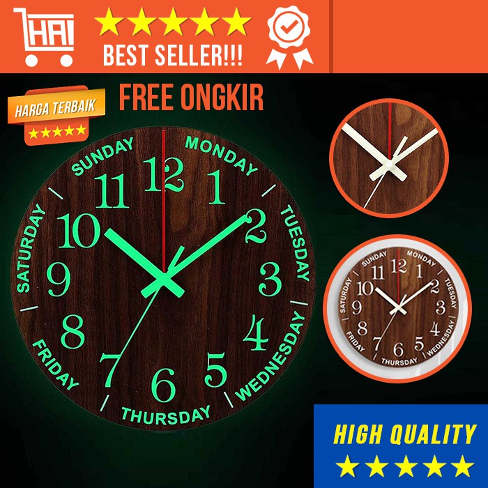 Jual JAM DINDING MOTIF KAYU GLOW IN THE DARK 32CM ANGKA JARUM FOSFOR ...