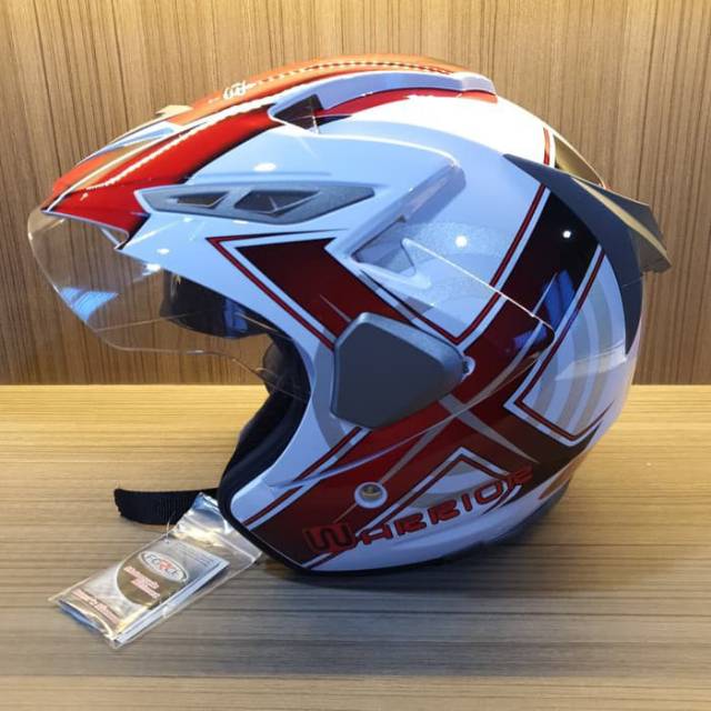 Jual Helm Pria Half Face Double Visor Anti Pecah SNI Warrior White Red ...