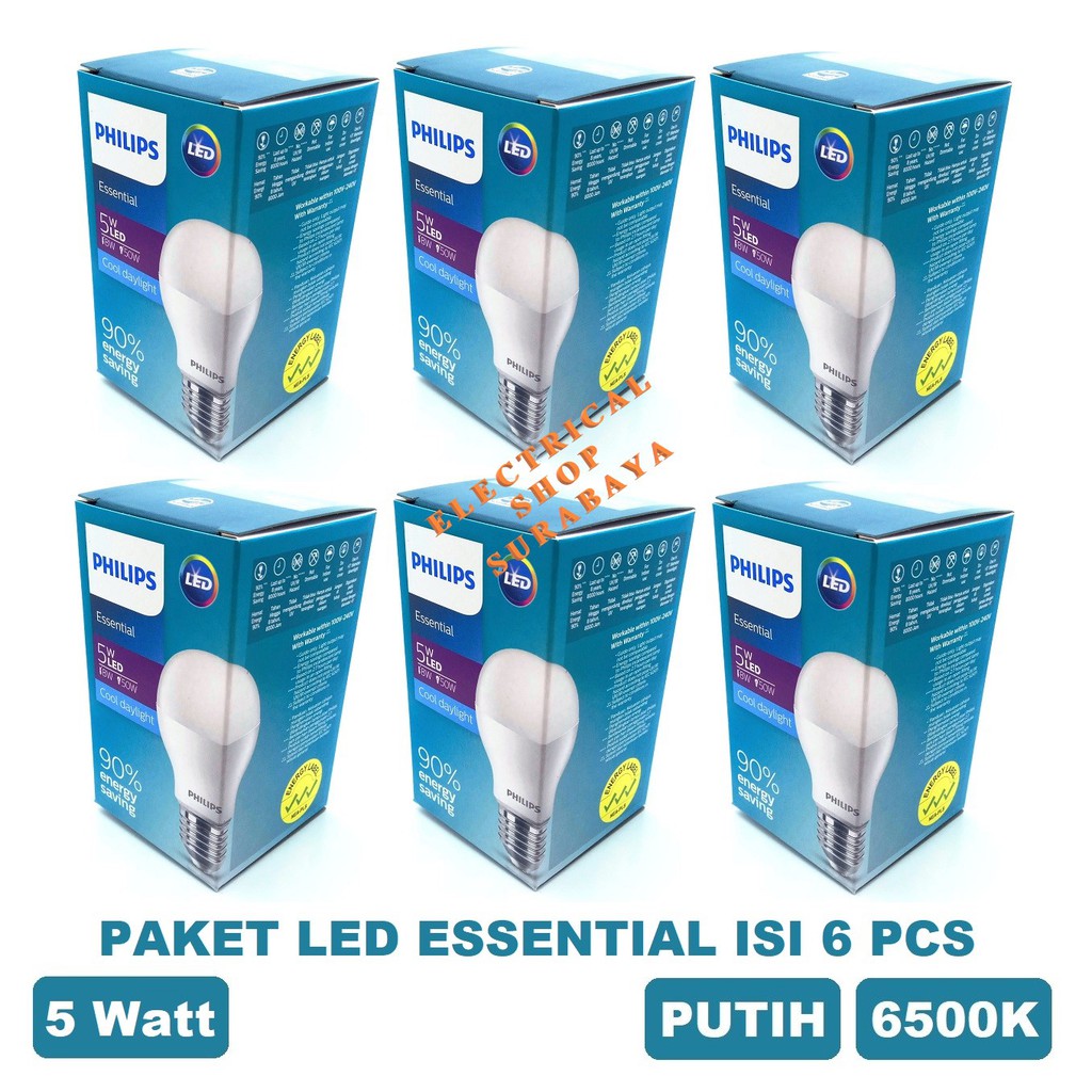 Jual PAKET ISI 6 PCS LAMPU PHILIPS LED ESSENTIAL 5W 5 WATT PUTIH (GROSIR) PROMO MURAH | Shopee ...