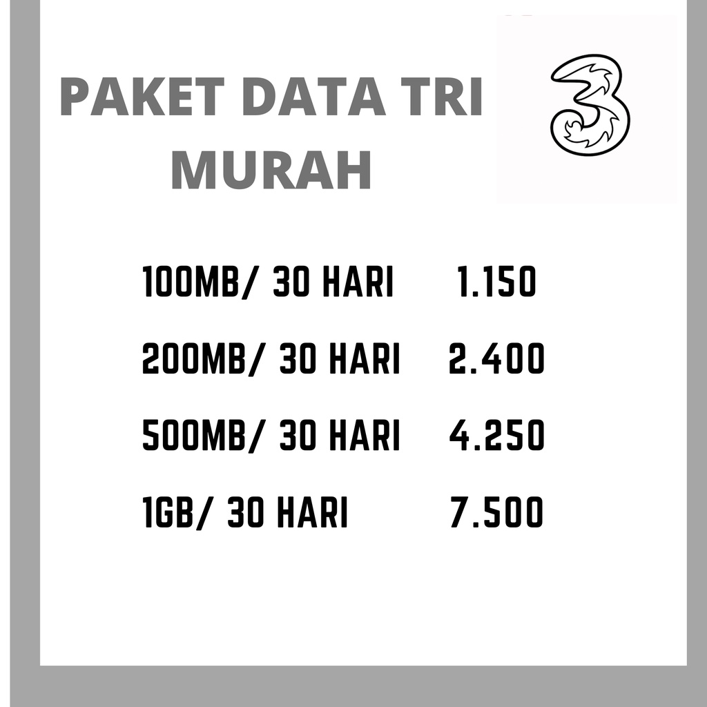 Jual Paket Data Kuota TRI 3 100MB 200MB 500MB 1GB | Shopee Indonesia