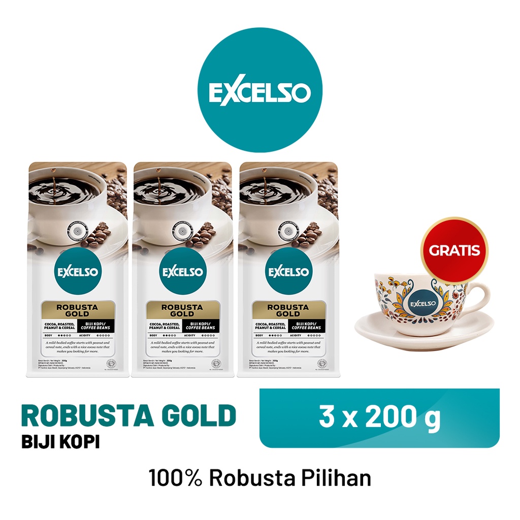 Jual Buy 3 Excelso Robusta Gold Biji Kopi 200 gr Free Cup Saucer ...