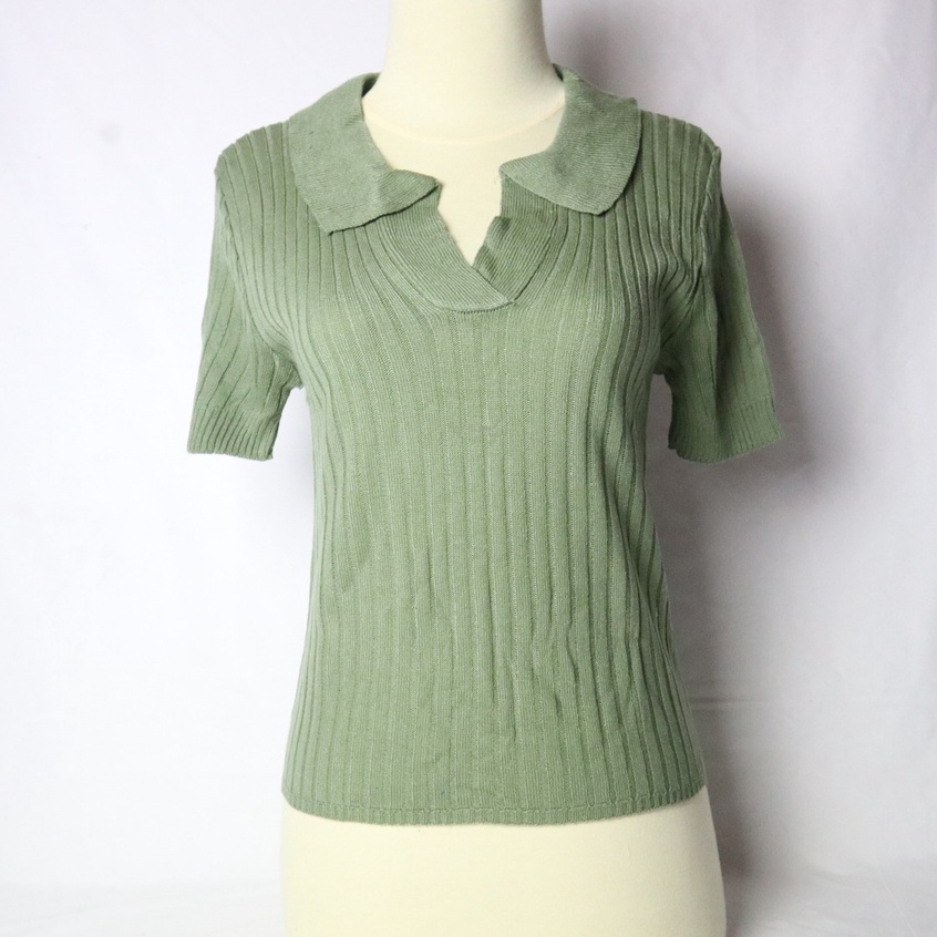 Jual PREMIUM-Atasan Kerah polo Rajut / Korean Vneck Kra Blouse / Polo Shirt Atasan Wanita lengan ...