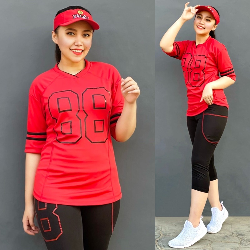 Jual Set Baju Olahraga 88 Merah Hitam Setelan Senam Gym Fitness Running ...